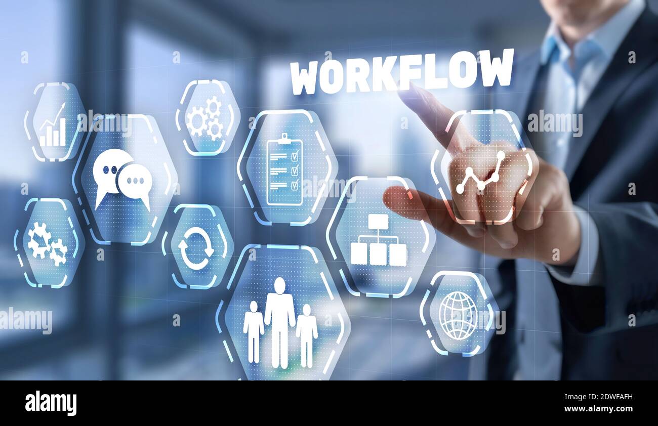Workflow with businessman on blurred abstract background. Business ...