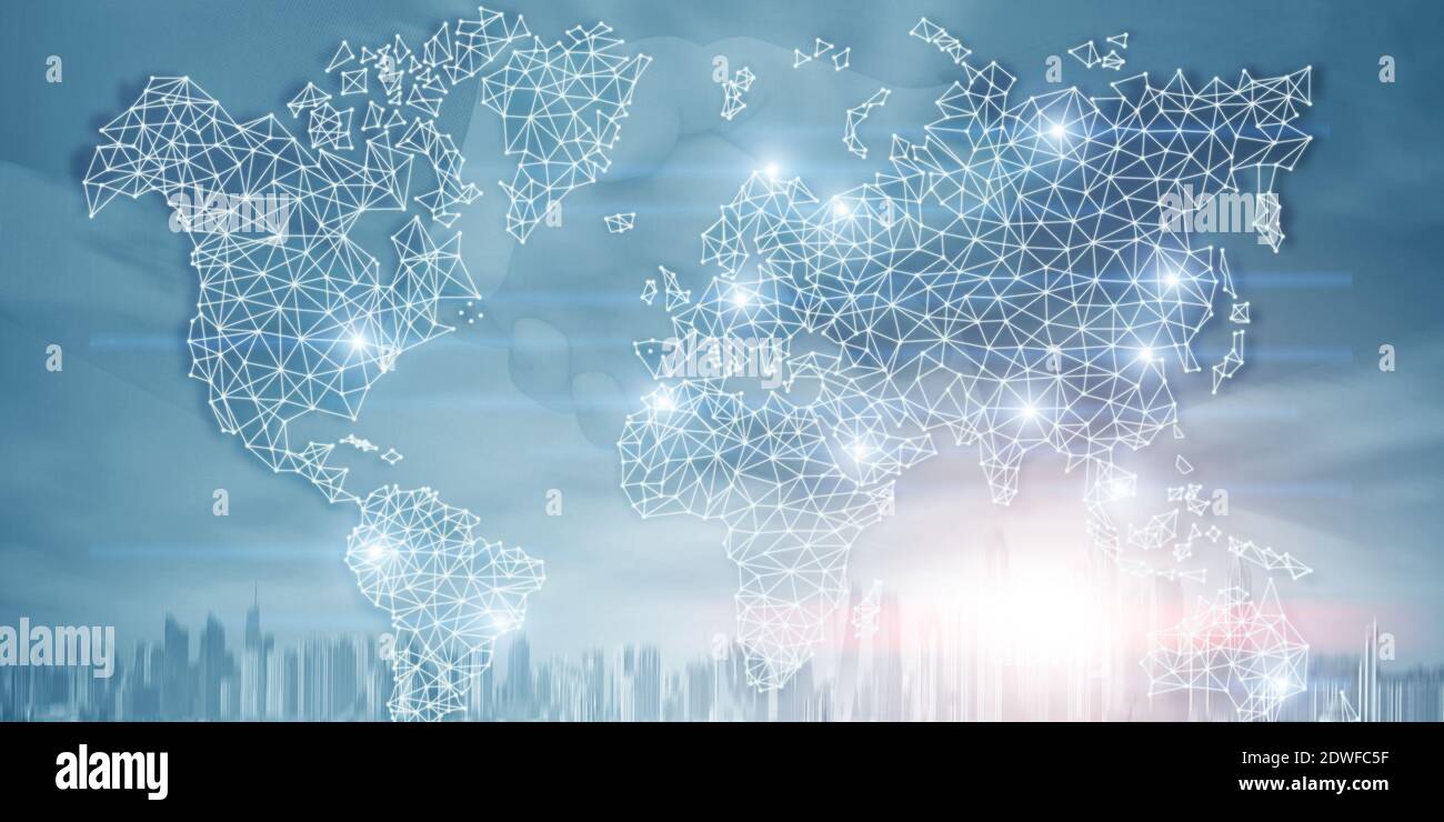 Technology Background. Global World Map on virtual screen. Mixed Media ...