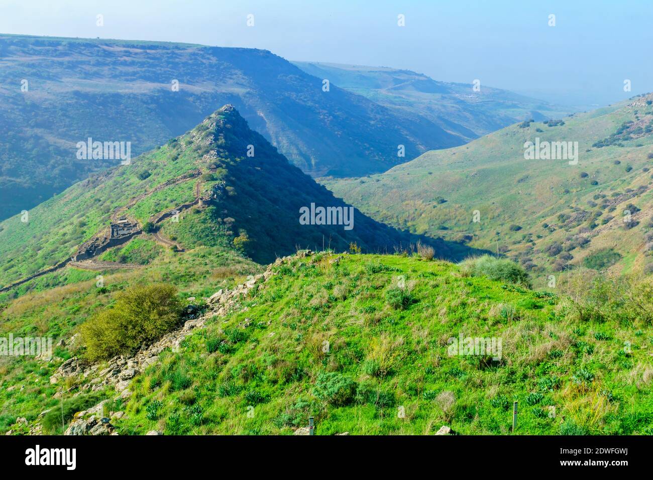 View of the Gamla fortress and nearby landscape. The Golan Heights ...