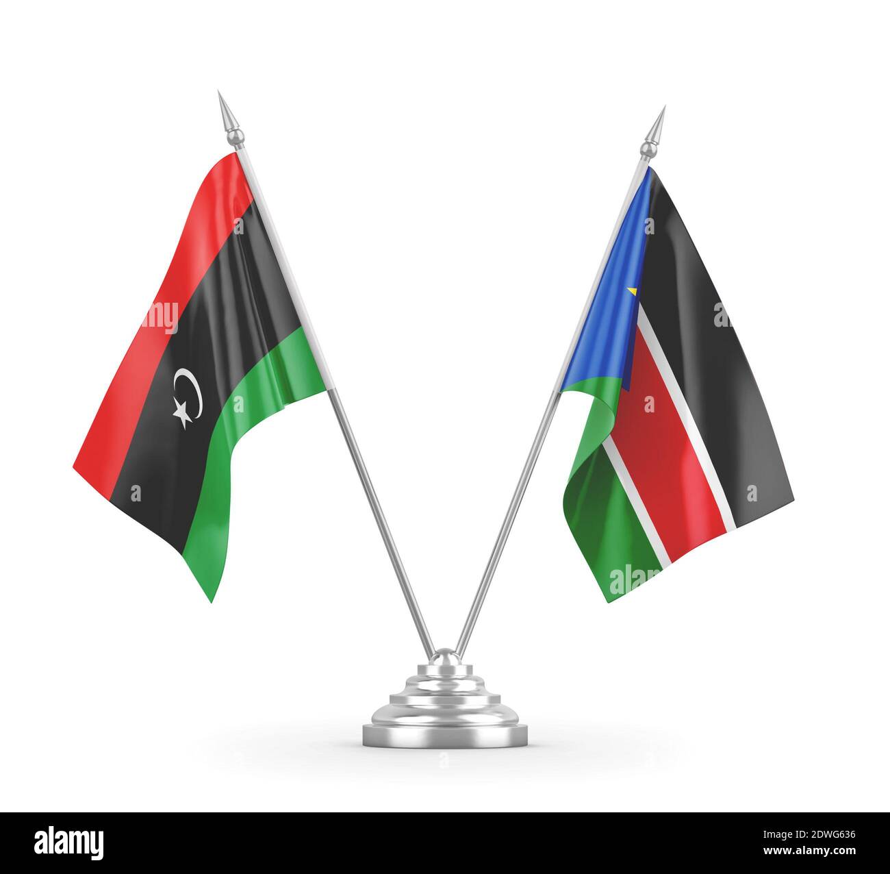 South Sudan and Libya table flags isolated on white 3D rendering Stock ...