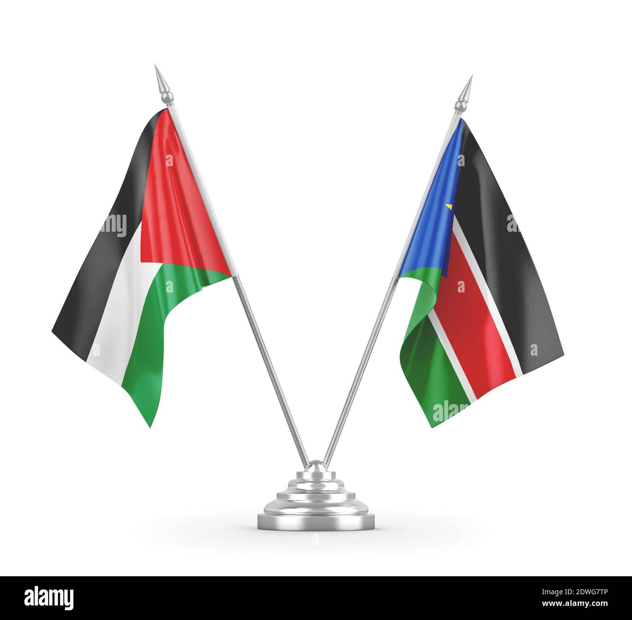 South Sudan and Palestine table flags isolated on white 3D rendering ...