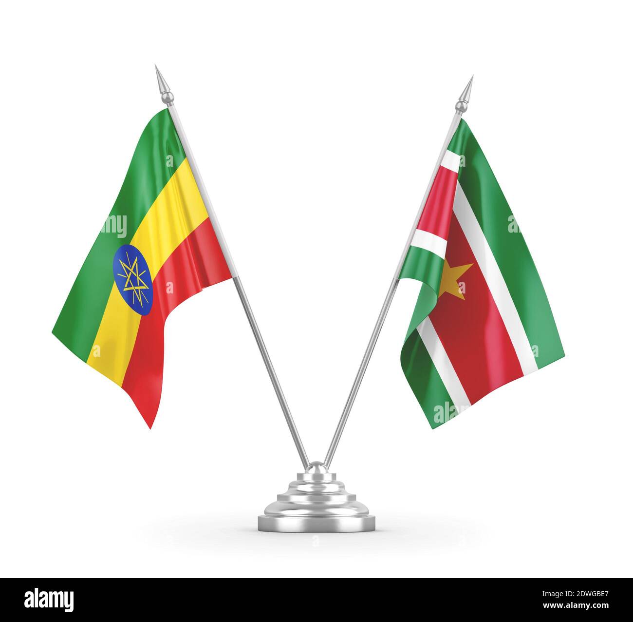 Suriname and Ethiopia table flags isolated on white 3D rendering Stock ...