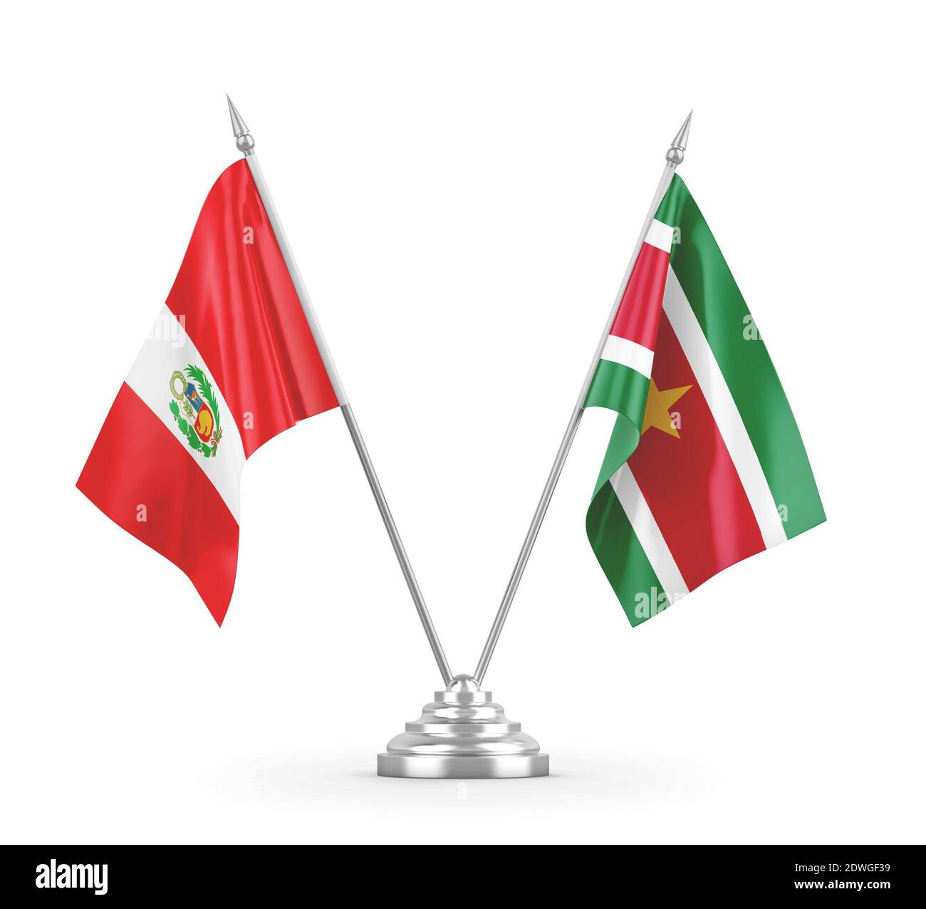 Suriname and Peru table flags isolated on white 3D rendering Stock ...