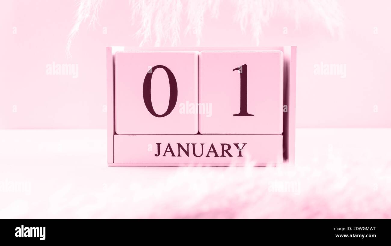 Calendar January, 1 date on pink background Stock Photo - Alamy