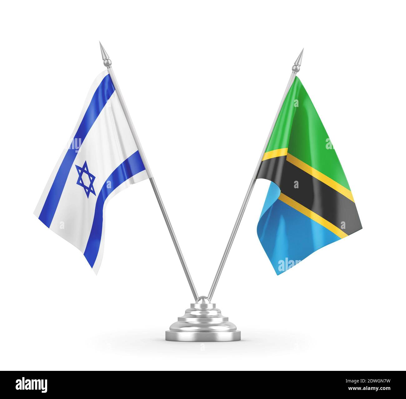 Tanzania and Israel table flags isolated on white 3D rendering Stock ...