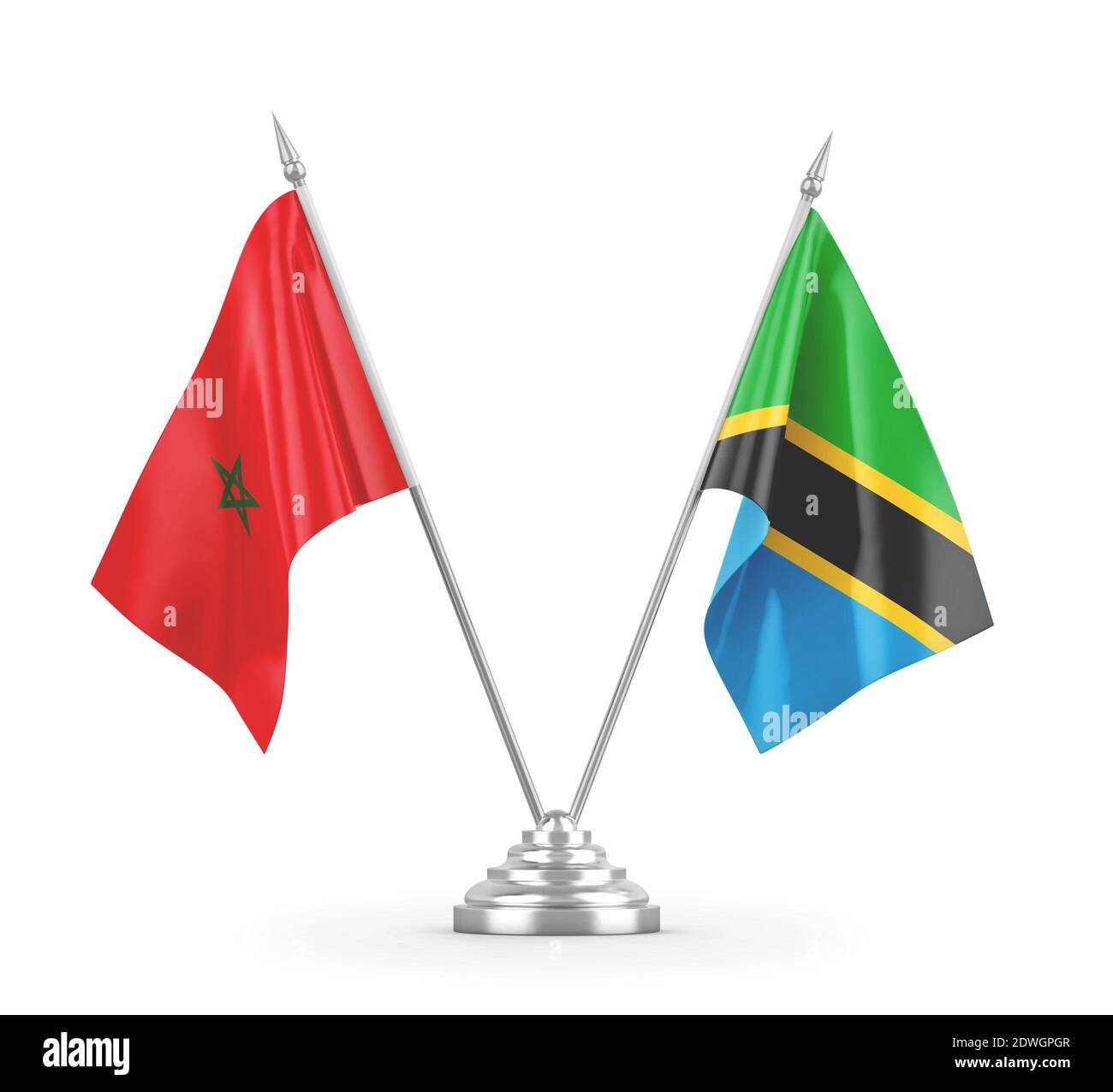 Tanzania and Morocco table flags isolated on white 3D rendering Stock ...