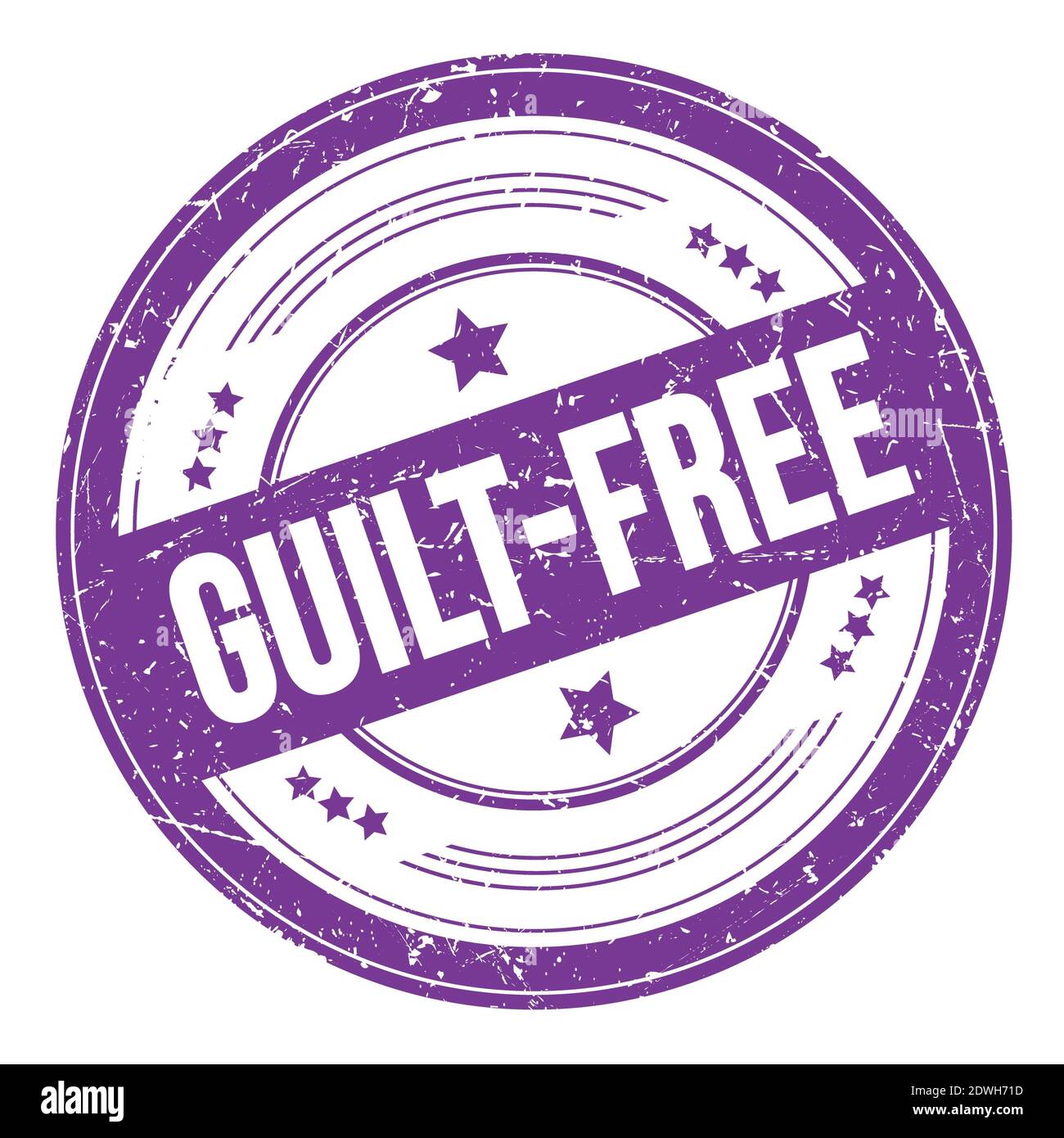 GUILT-FREE text on violet indigo round grungy texture stamp Stock Photo ...