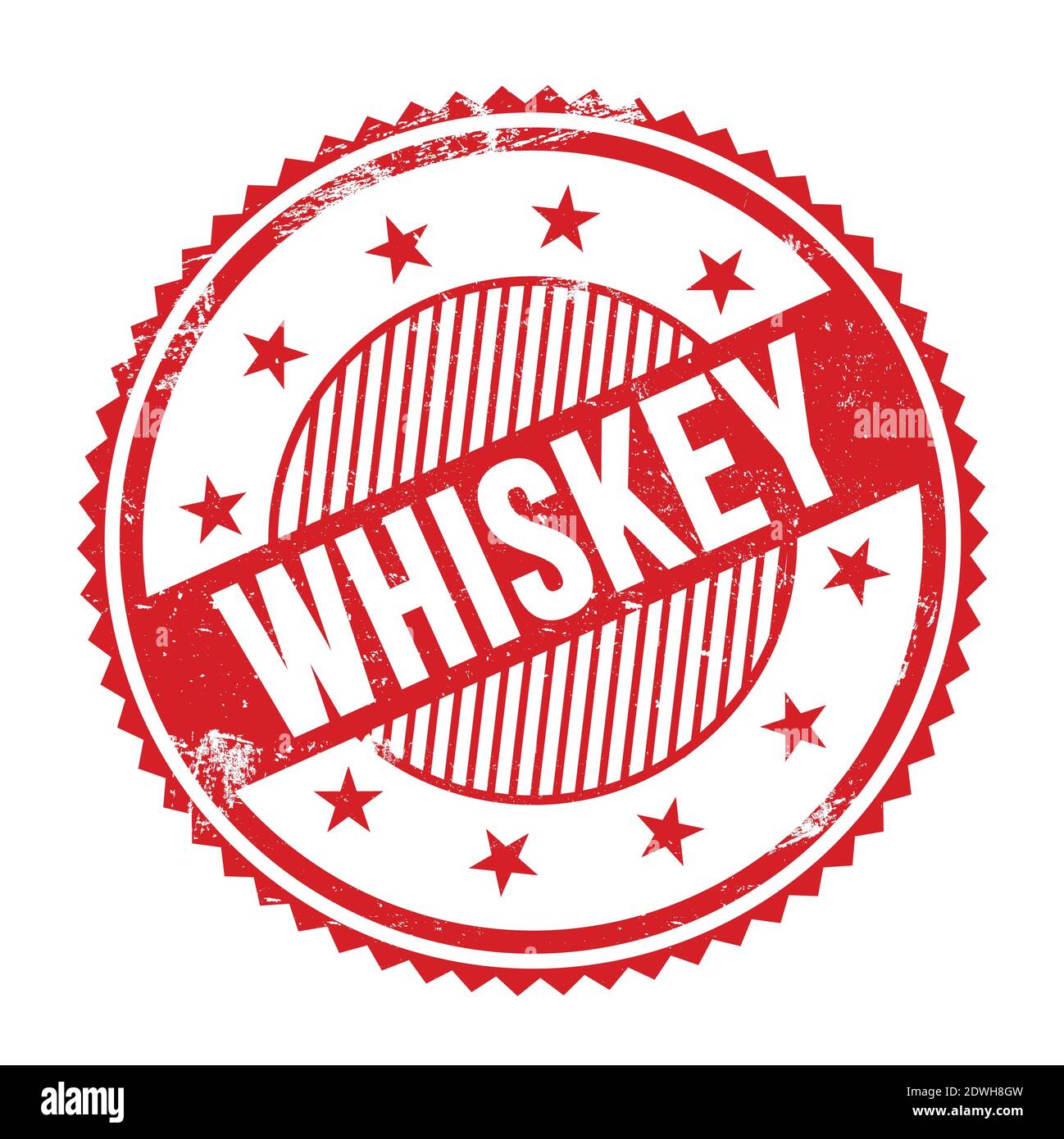 WHISKEY text written on red grungy zig zag borders round stamp Stock ...