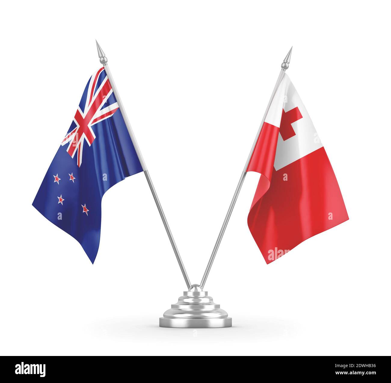 Tonga and New Zealand table flags isolated on white 3D rendering Stock ...