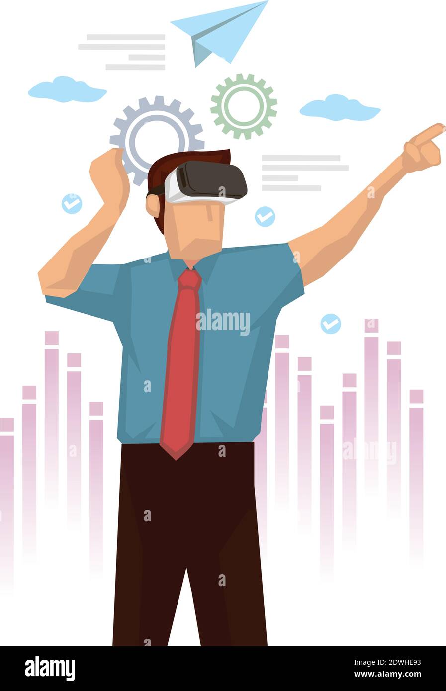 Man experiences with VR headset isolated on white. Flat cartoon ...