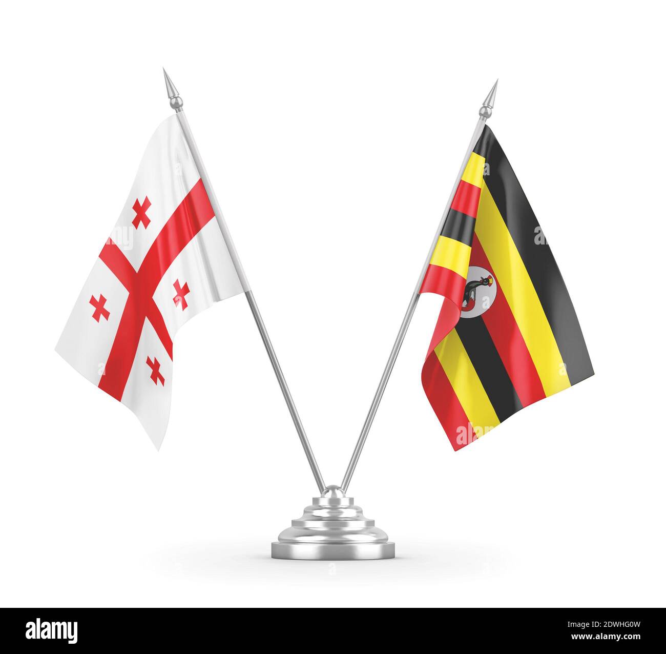 Uganda and Georgia table flags isolated on white 3D rendering Stock ...