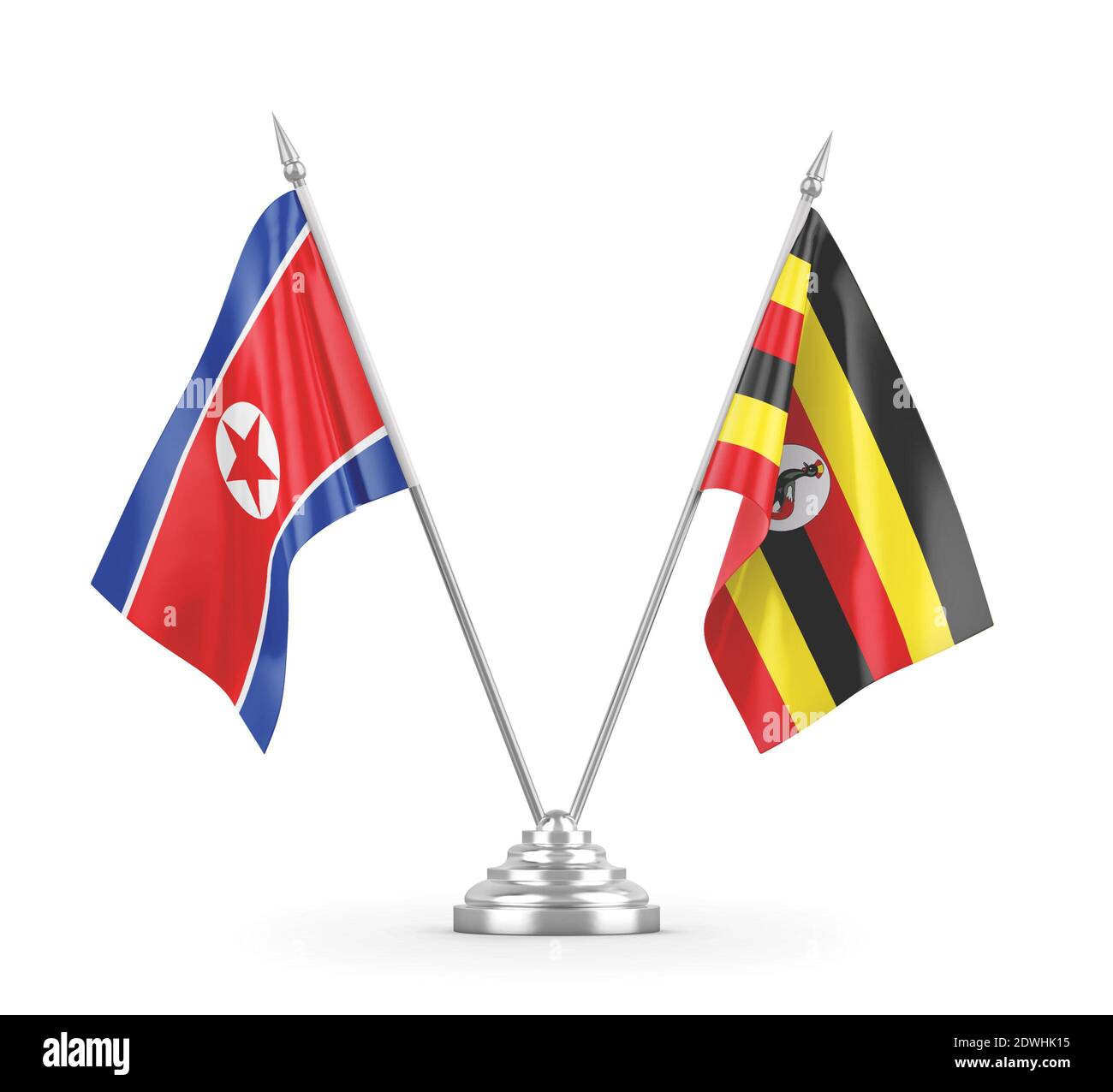 Uganda and North Korea table flags isolated on white 3D rendering Stock ...