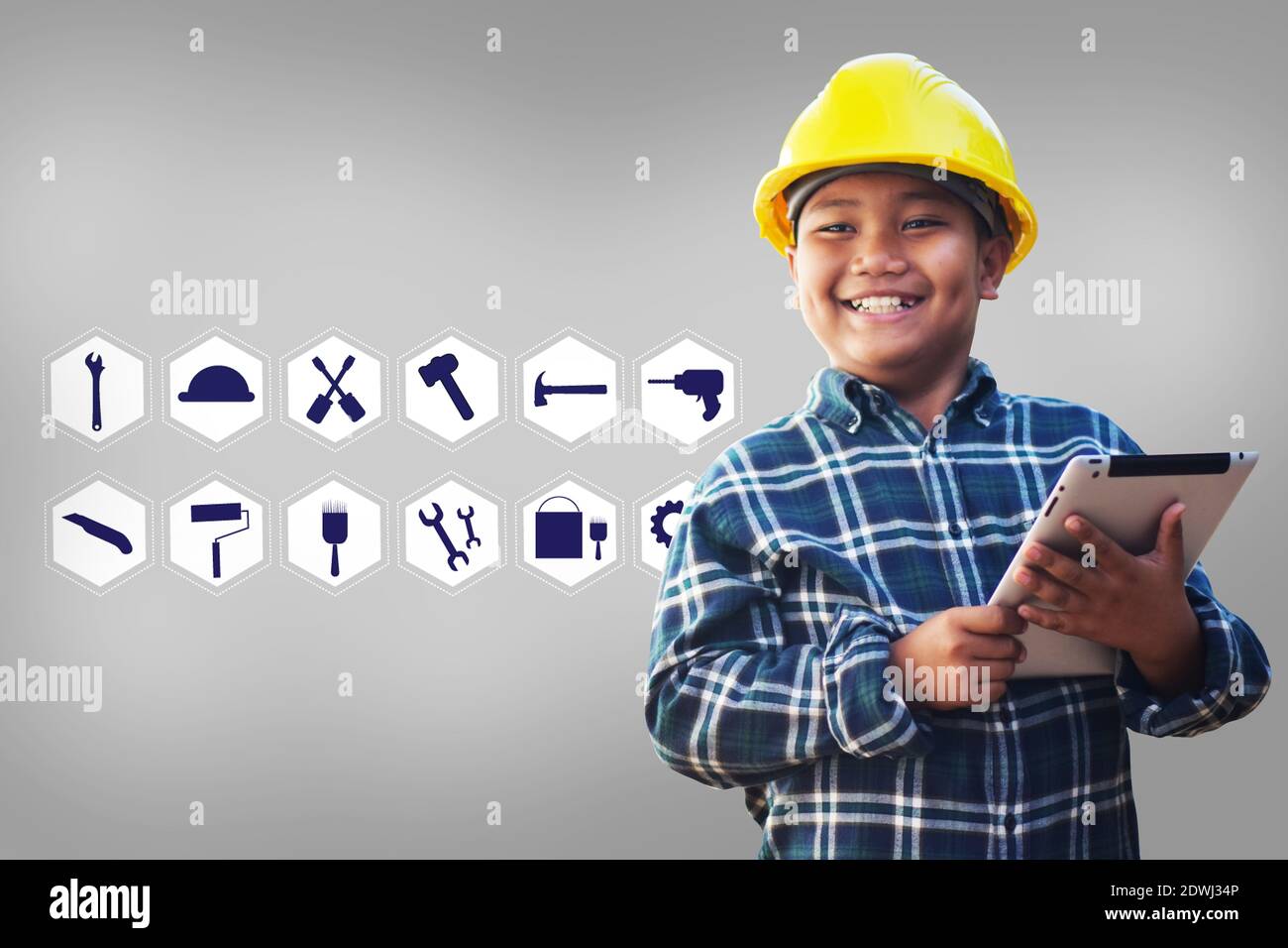 Boy kid Engineer holding tablet tool equipment icon background Stock ...