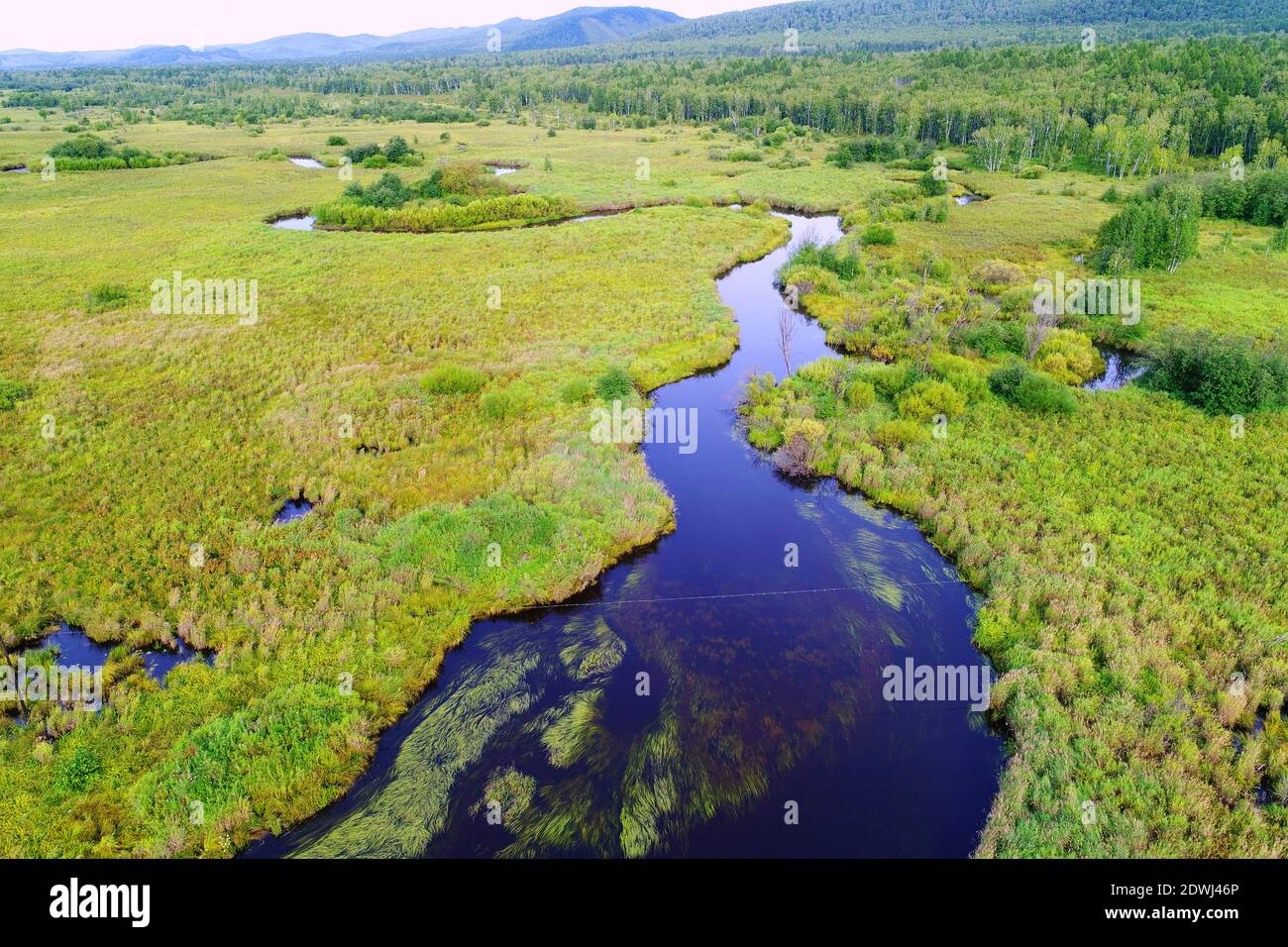 An aerial view of the most winding river, the Haul River in Ergun ...