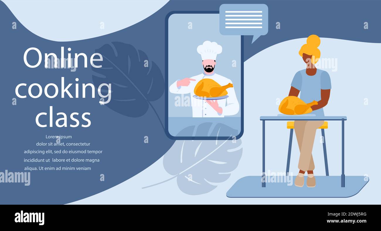 Vector illustration Cooking Online master class Woman cooking at home ...