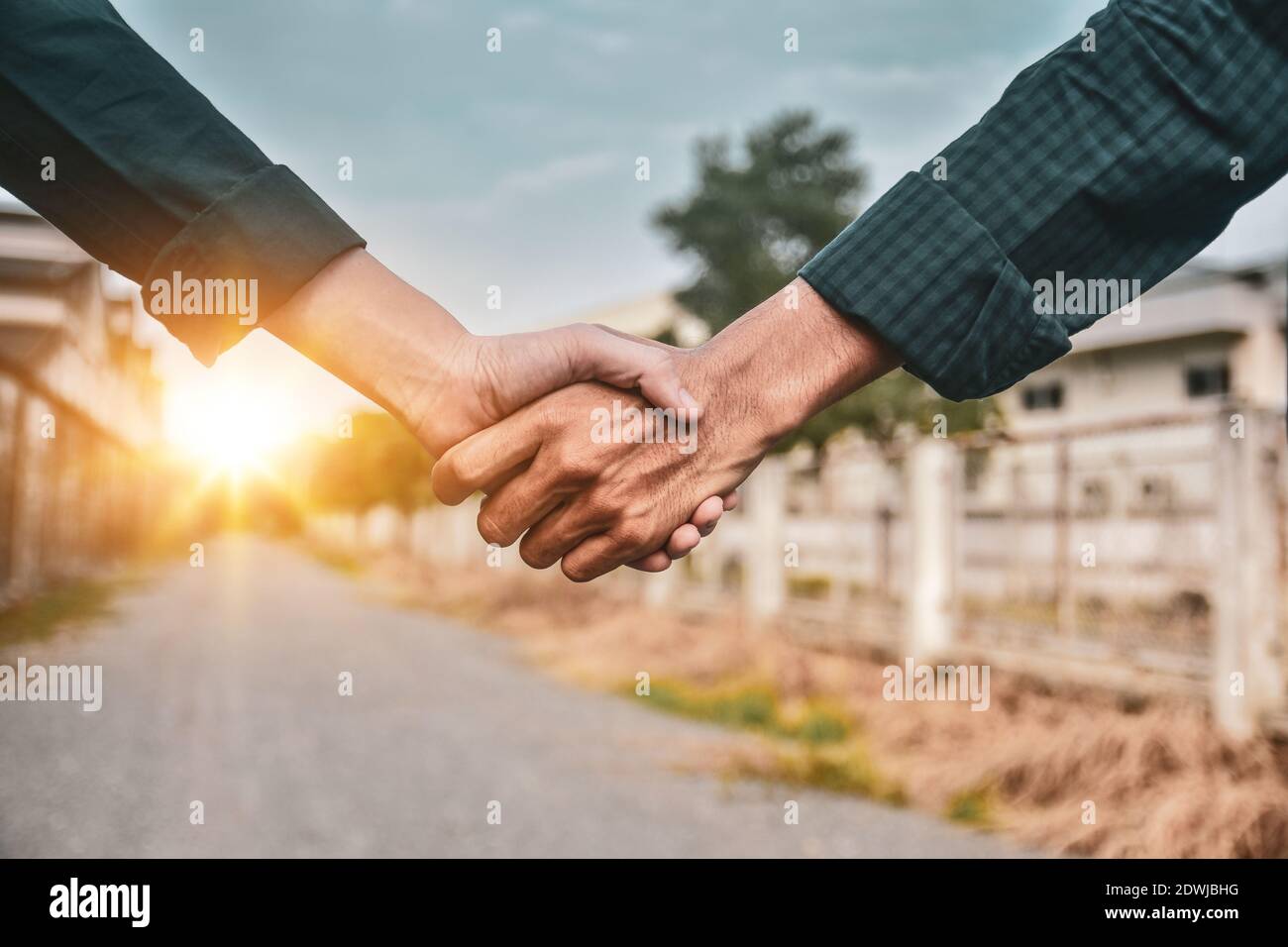 Engineering shake hand sunlight background Stock Photo - Alamy