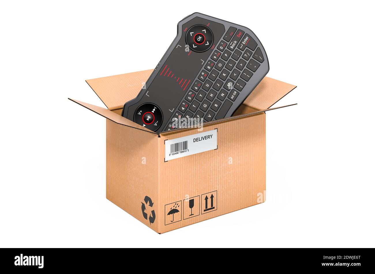 Keyboard mini inside cardboard box, delivery concept. 3D rendering ...
