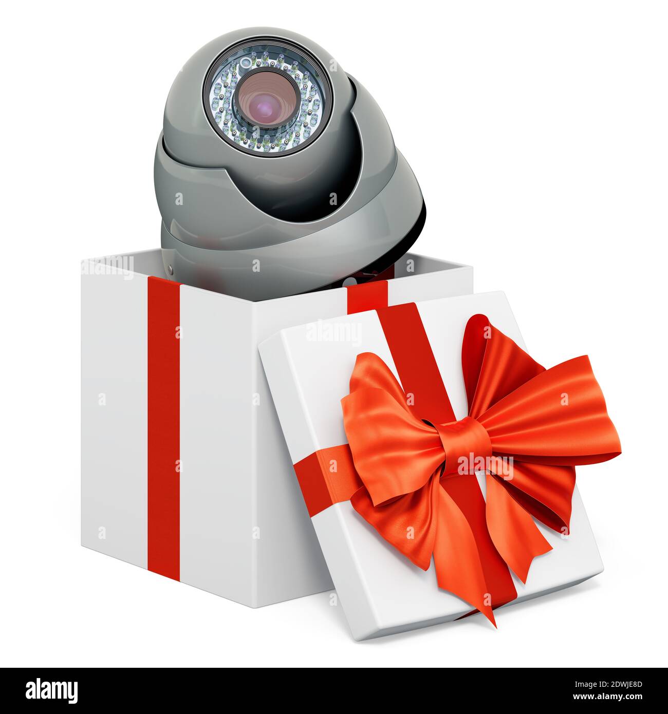 Dome security camera inside gift box, present concept. 3D rendering ...
