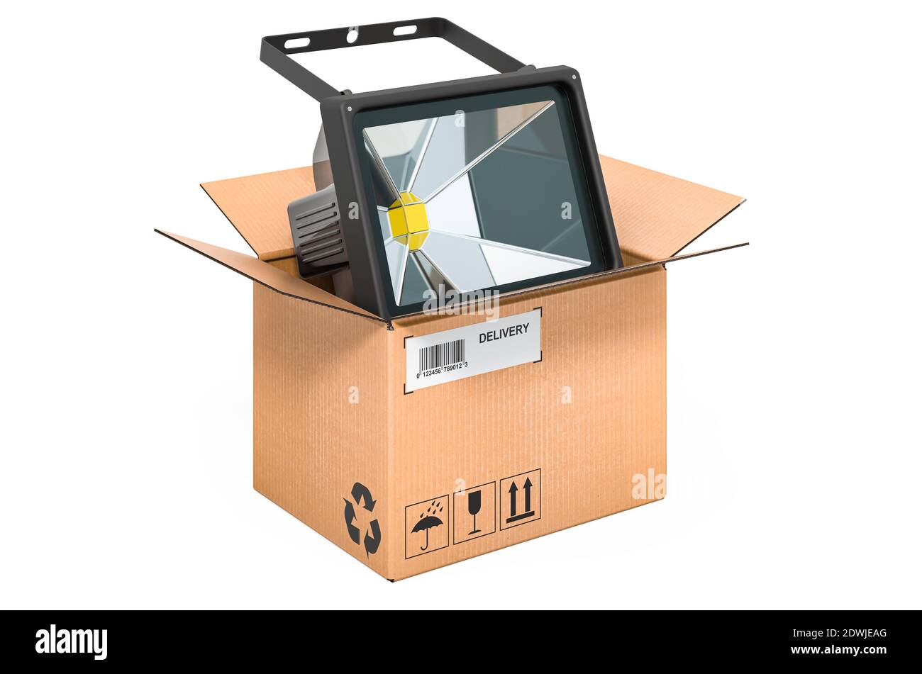 Spotlight LED inside cardboard box, delivery concept. 3D rendering ...