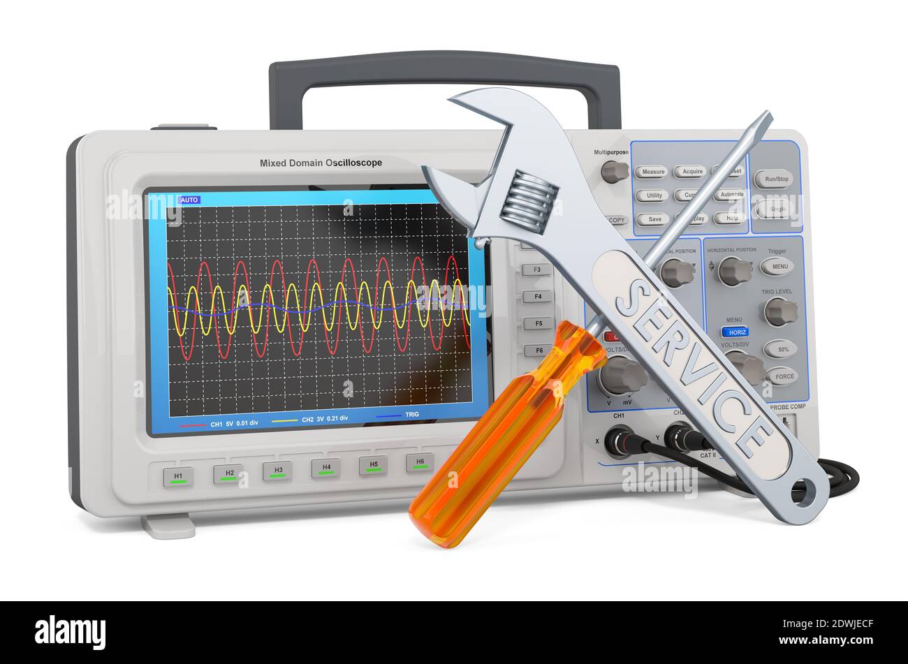 Service and repair of oscilloscope, 3D rendering isolated on white background Stock Photo - Alamy