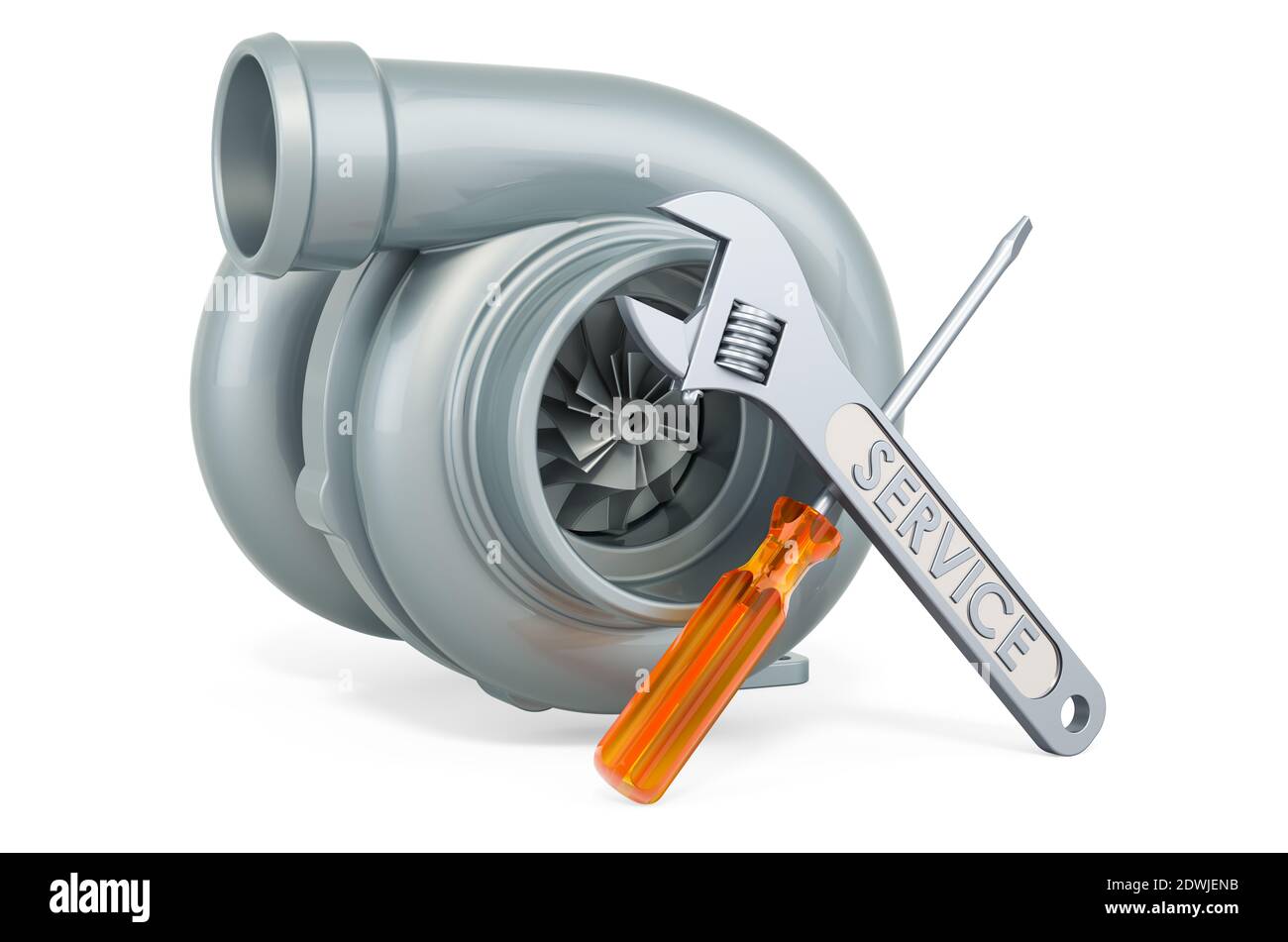 Service and repair of car turbocharger, 3D rendering isolated on white ...