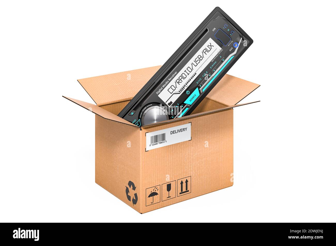 Digital media receiver inside cardboard box, delivery concept. 3D ...