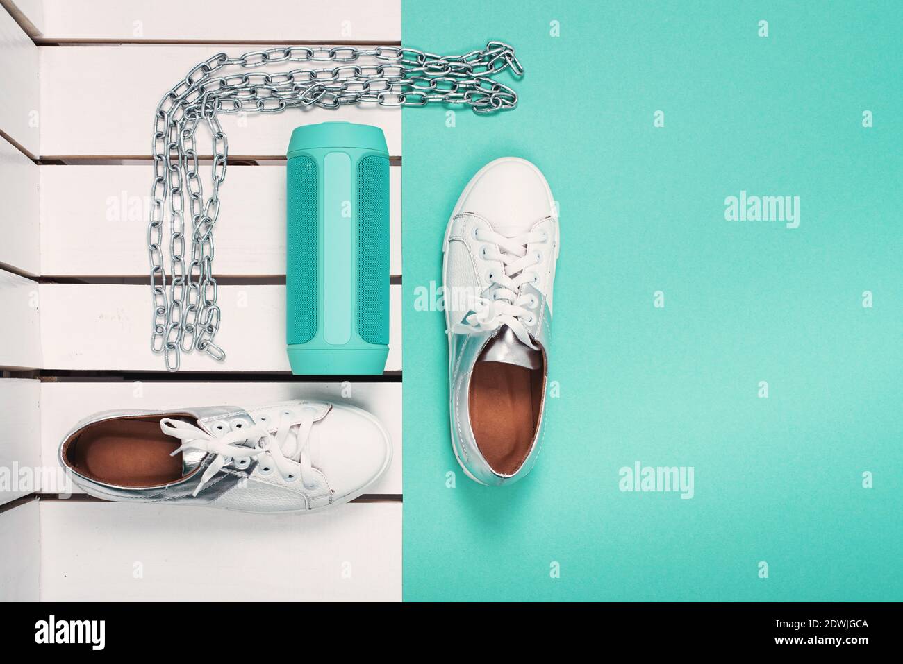Flat Lay of Modern Womans Sport White Shoes. Overhead Top View ...