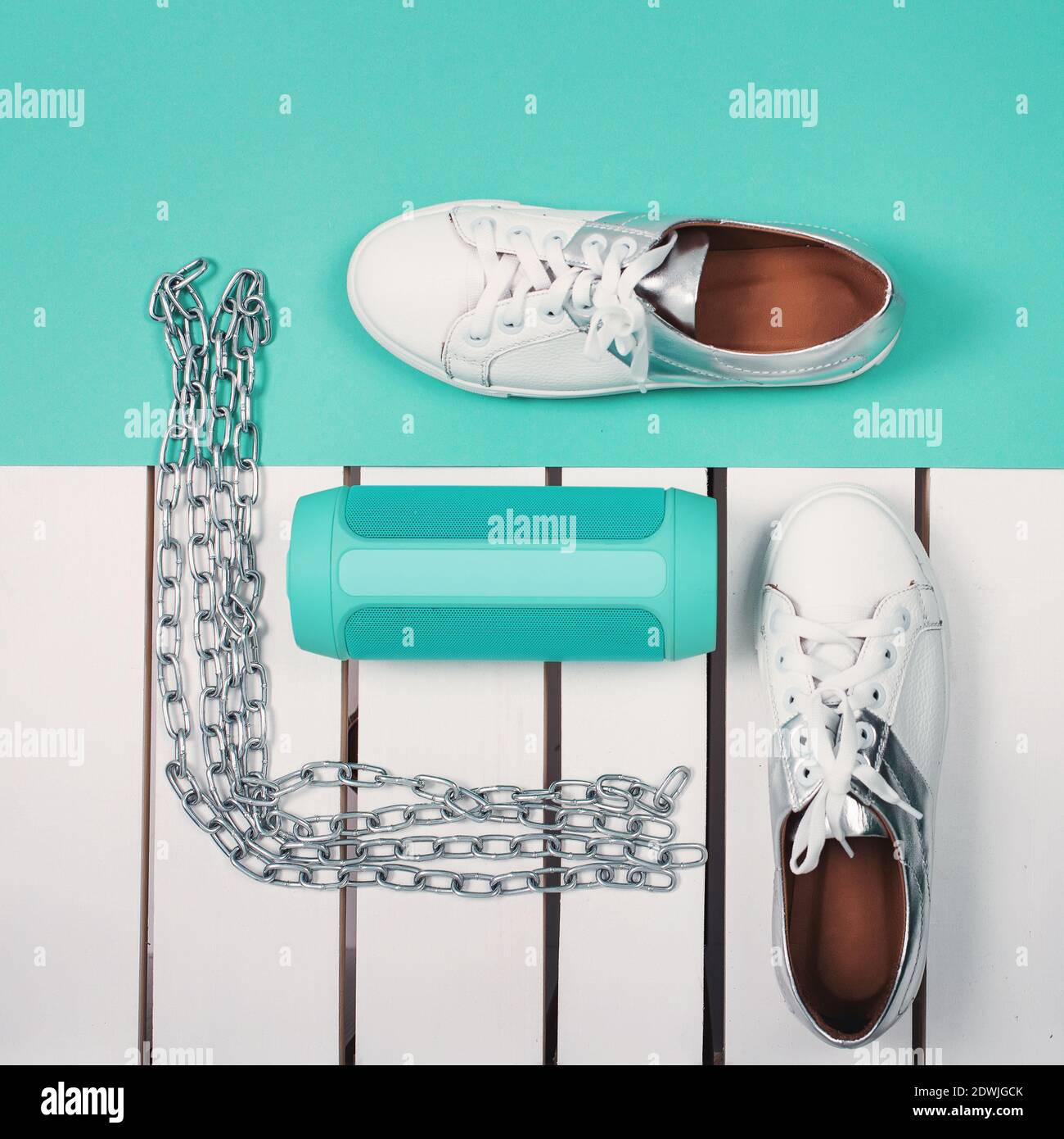 Flat Lay of Modern Womans Sport White Shoes. Overhead Top View ...