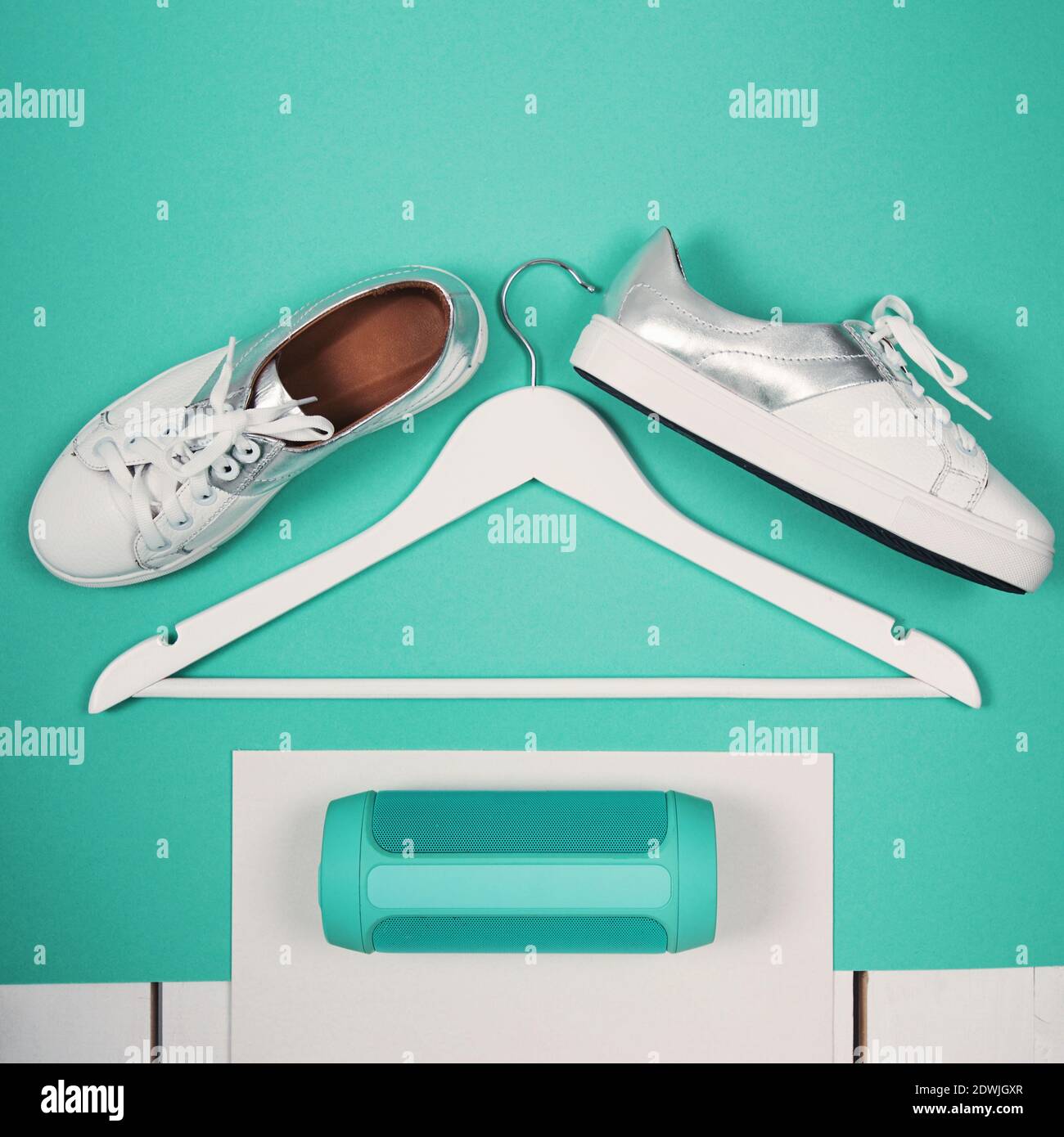 Flat Lay of Modern Womans Sport White Shoes. Overhead Top View ...