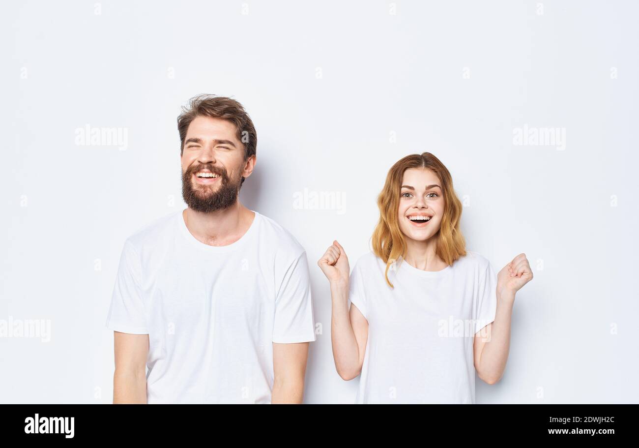 The guy with the woman gestures with his hands fun friends emotions ...