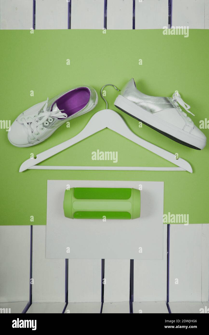 Flat Lay of Modern White Shoes. Overhead Top View Photography. Youth ...