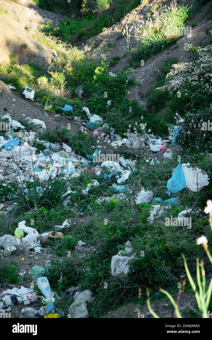 Trash thrown away in nature, environmental problems. Nature disaster ...