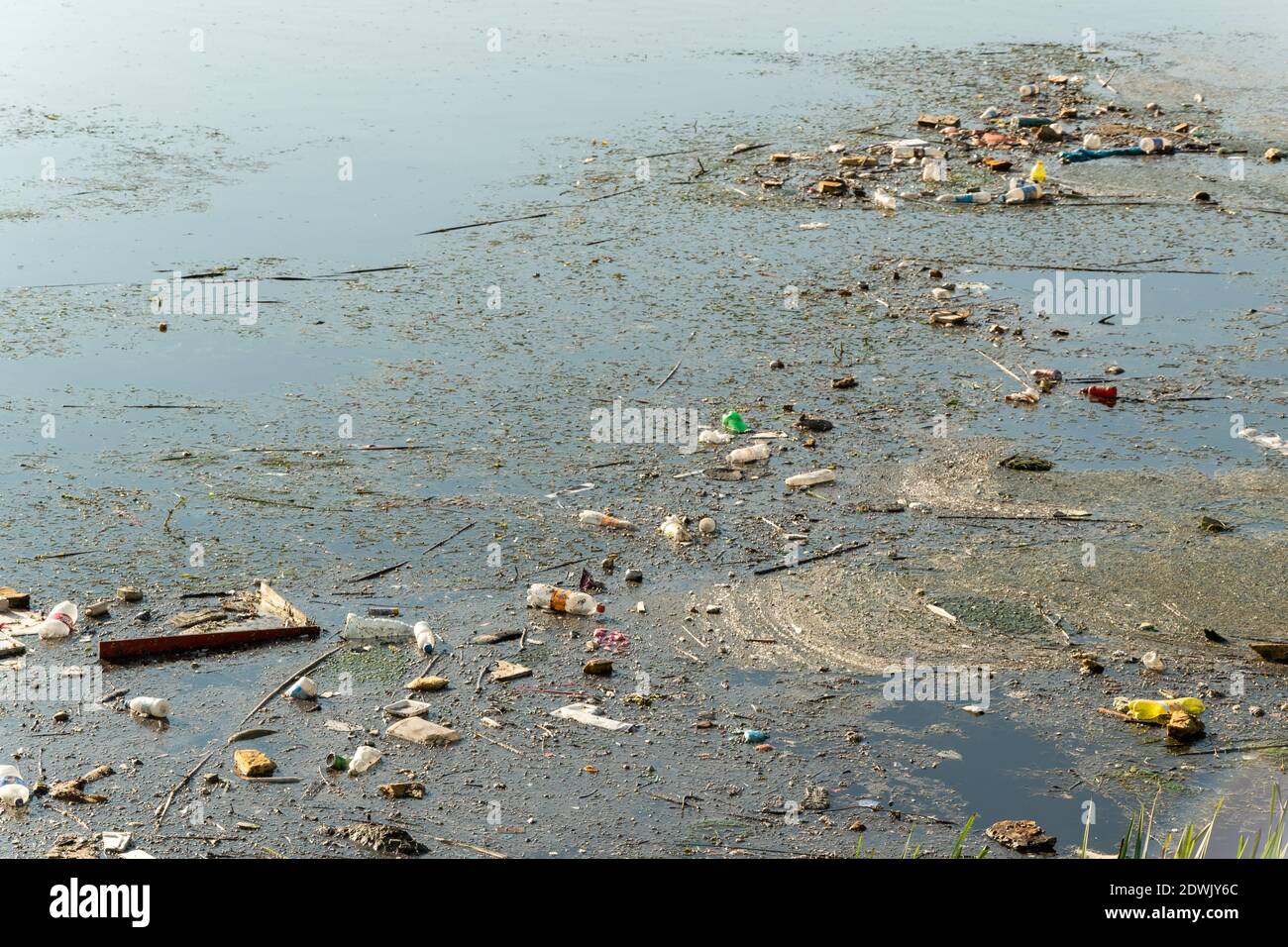 Trash thrown away in water, environmental problems. Nature disaster ...