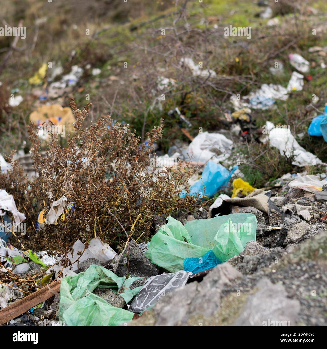 Trash thrown away in nature, environmental problems. Nature disaster ...
