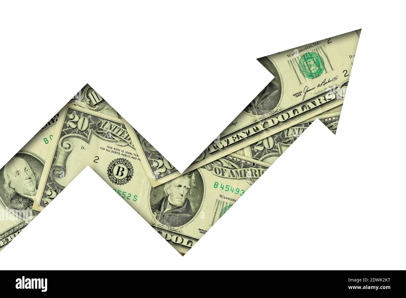 Upward arrow made of dollar banknotes on white background - Concept of ...