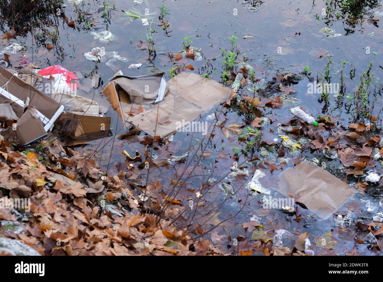 Trash thrown away in water, environmental problems. Nature disaster ...