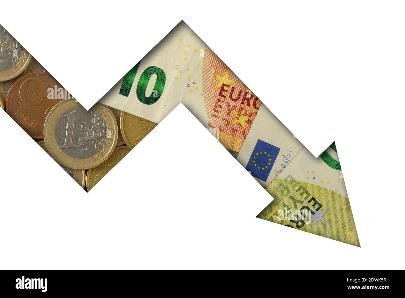 Downward arrow made of euro coins and banknotes on white background ...