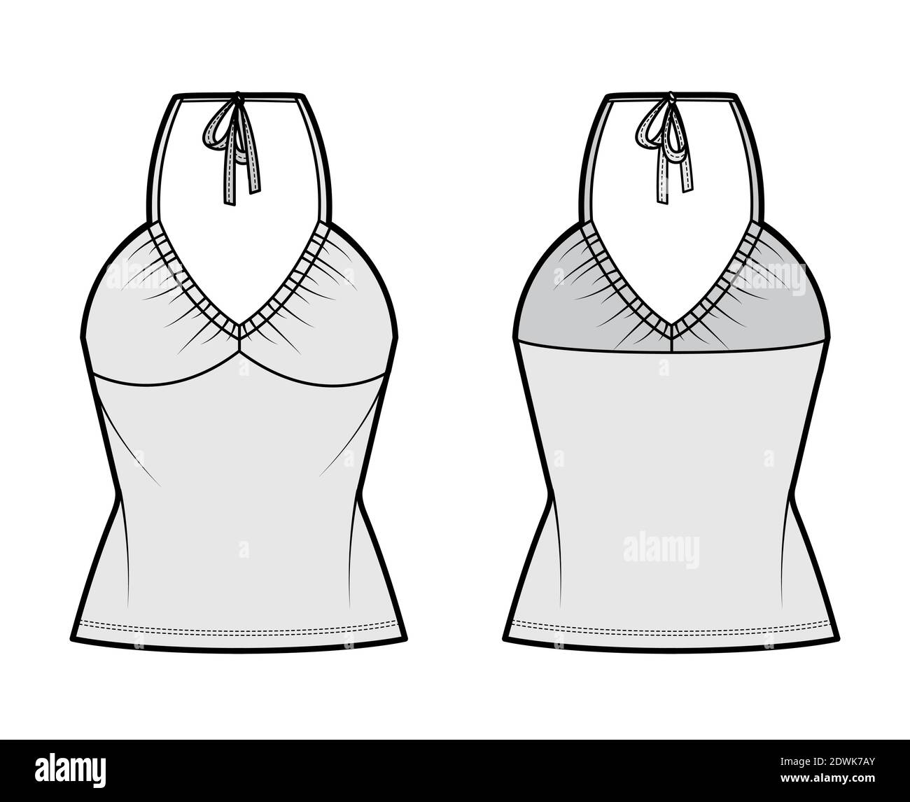 Top V-neck halter tank technical fashion illustration with empire seam ...