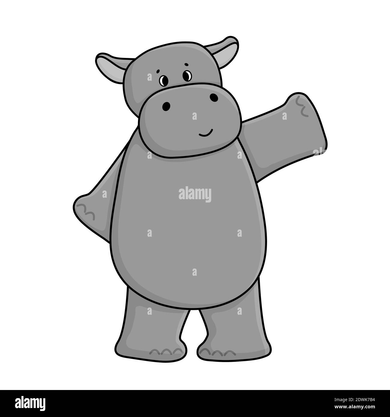 Cute cartoon gray hippo is waving his hand, stands on the ground and ...