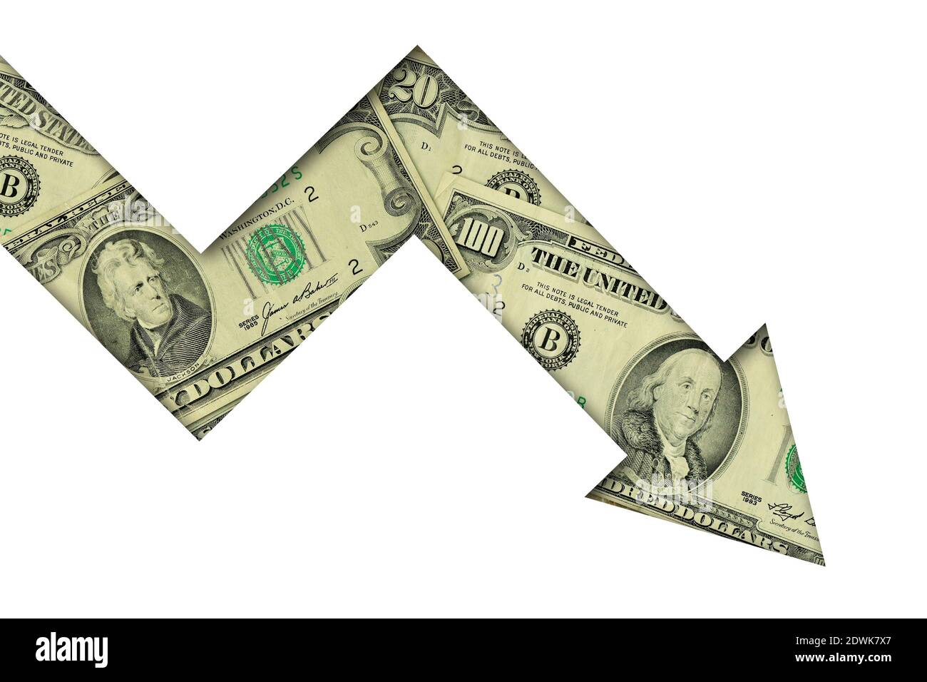 Downward arrow made of dollar coins and banknotes on white background ...