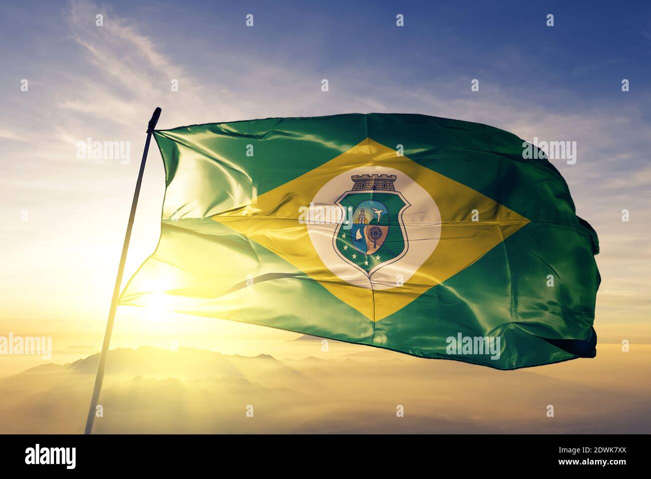 Ceara state of Brazil flag waving on the top sunrise mist fog Stock ...