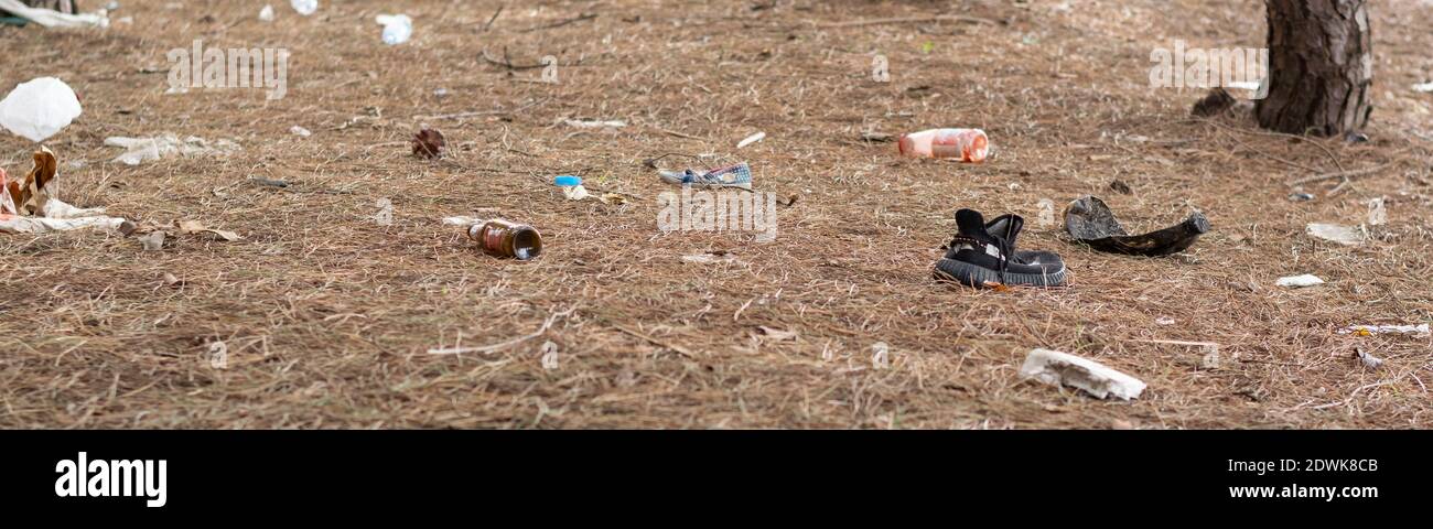 Trash thrown away in nature, environmental problems. Nature disaster ...