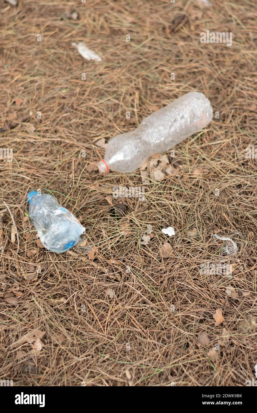 Trash thrown away in nature, environmental problems. Nature disaster ...