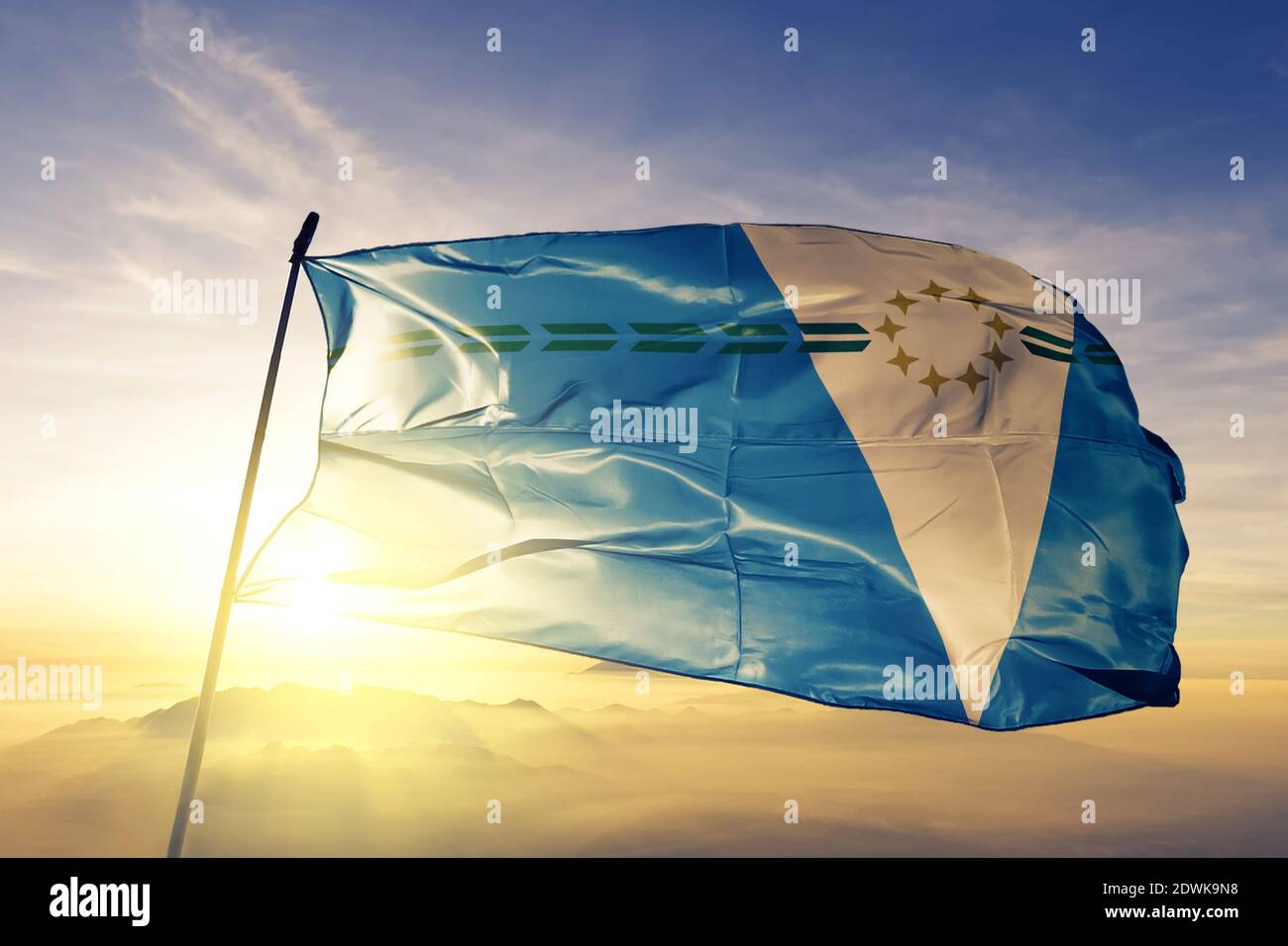 Formosa province of Argentina flag waving on the top sunrise mist fog ...