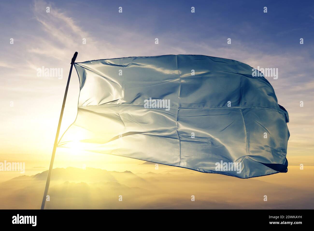 Cochabamba department of Bolivia flag waving on the top sunrise mist ...