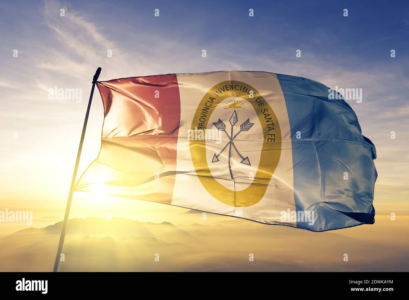 Santa Fe province of Argentina flag waving on the top sunrise mist fog ...