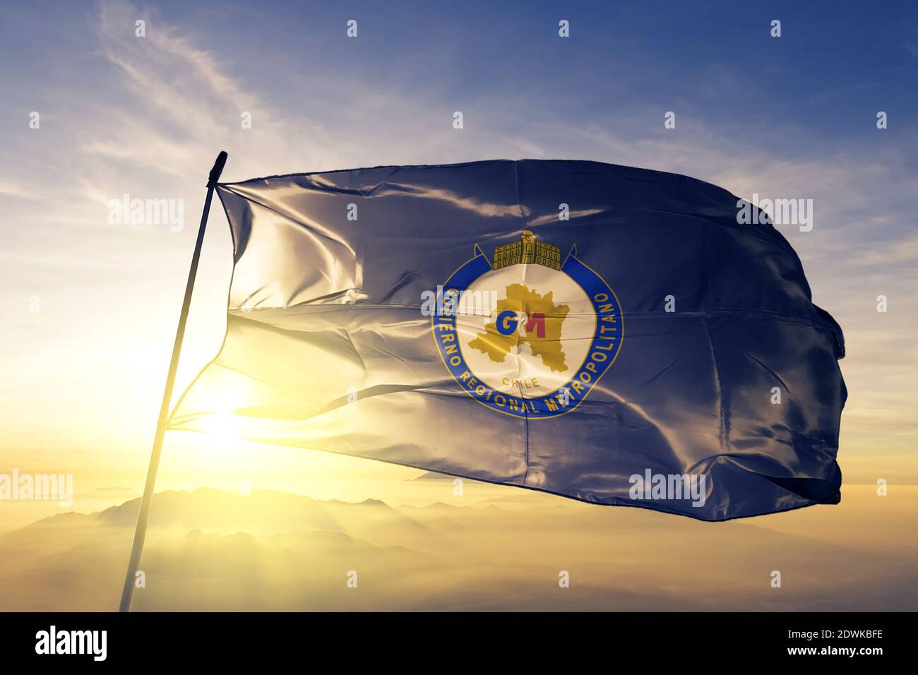 Santiago Metropolitan region of Chile flag waving on the top sunrise ...