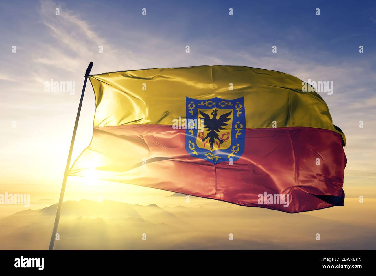 Bogota Capital District of Colombia flag waving on the top sunrise mist ...