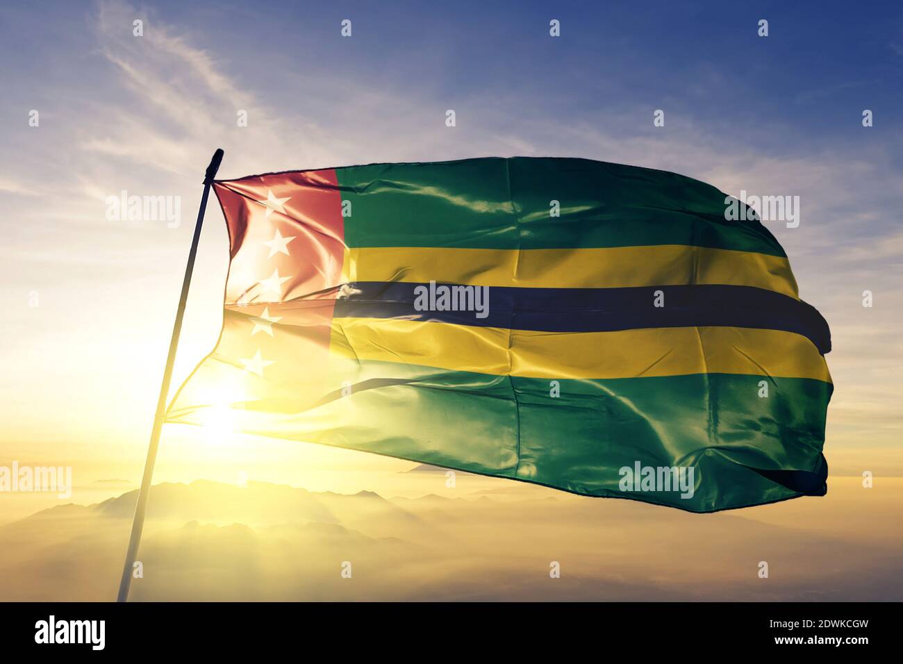 Santander department of Colombia flag waving on the top sunrise mist ...