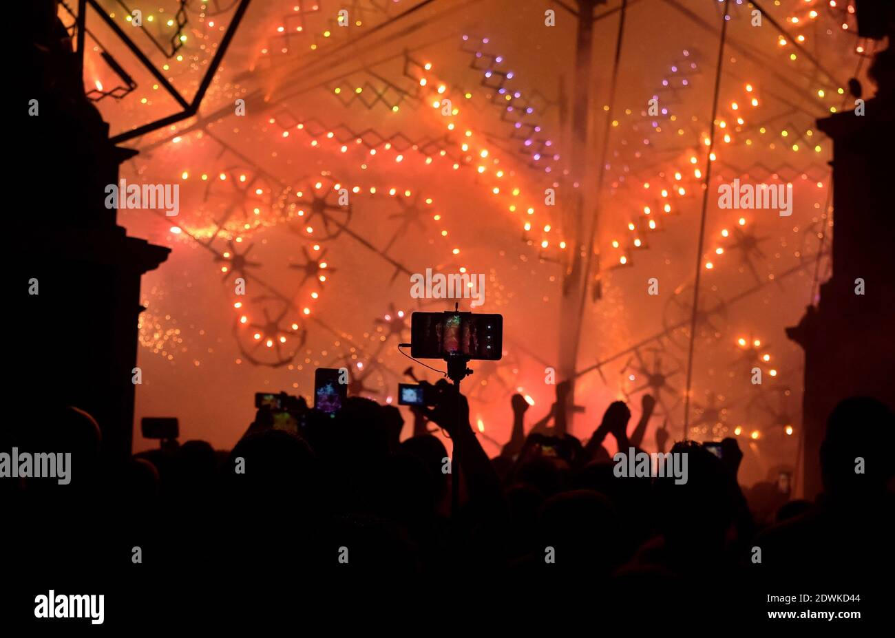 BIRZEBBUGA, MALTA - Aug 01, 2015: Ground fireworks display, mechanised ...
